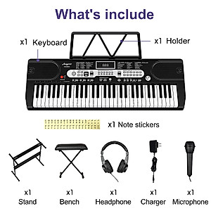 Amyove Keyboard Piano for Beginners, 61 Key Piano Keyboard with Built-In Speaker Microphone, Sheet Stand and Power Supply, Portable Keyboard Teaching for Best Birthday or Christmas Gift