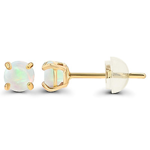 Genuine 14K Solid Yellow Gold 3mm Round Natural Opal October Birthstone Stud Earrings For Women