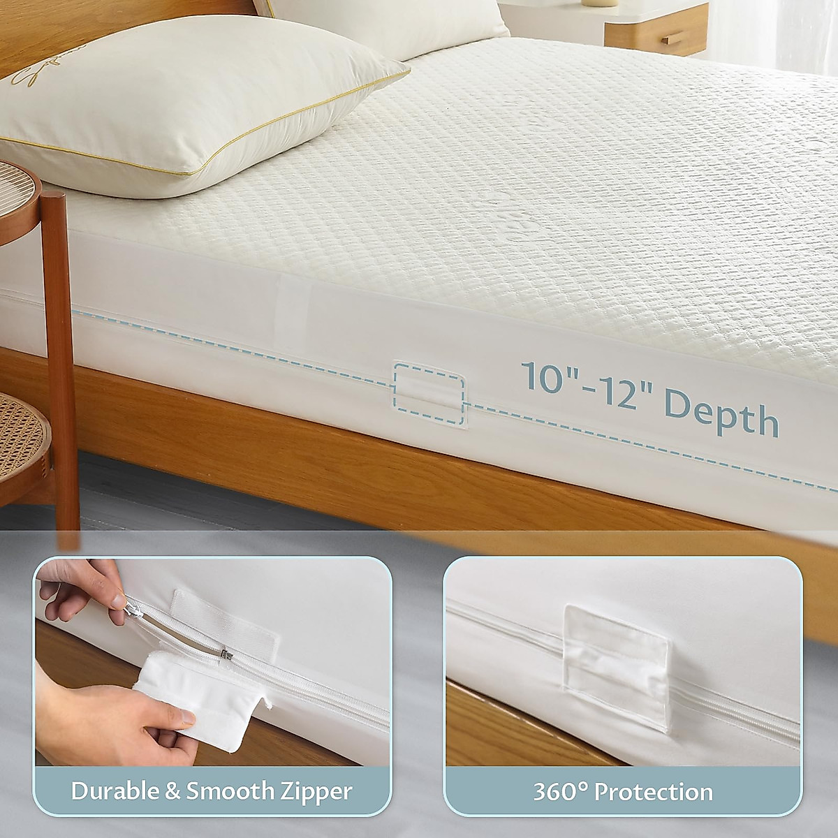 Queen Size Bamboo Rayon Mattress Protector with Zipper - 100% Waterproof Zippered Mattress Cover - Soft & Cooling Noiseless Bed Mattress Covers - Top Removable Mattress Encasement 10-12" Deep