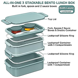 DaCool Lunch Box Adults Bento Box - 74 OZ All-in-One Stackable Lunch Box Containers for Adult Large Bento Box with Fork Spoon Sauce Boxes, Leakproof Lunchbox for Work School Dining Out, Morandi-Green