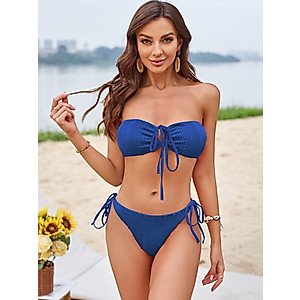 ZAFUL Women's Bandeau Bikini Set Tie Side Swimwear O Ring Cinched Strapless Swimsuit Halter Two Piece Bathing Suit