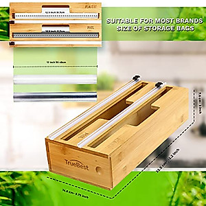TrueBest 2 in 1 Foil and Wrap Organizer with Cutter and Labels, Compatible with 12" Roll Wrap neat Aluminum Foil and Wax Bamboo Dispenser for Kitchen drawer with 2 Slots, Mounting Screws.