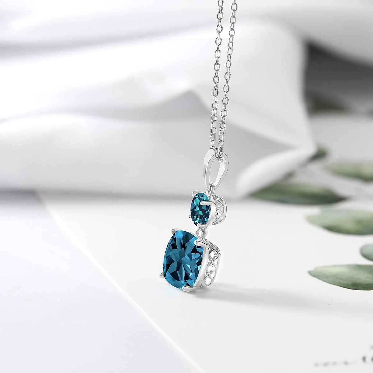 Gem Stone King 6.30 Cttw London Blue Topaz Pendant Necklace For Women In 925 Sterling Silver | Gemstone November Birthstone | Cushion 10MM | Round 6MM