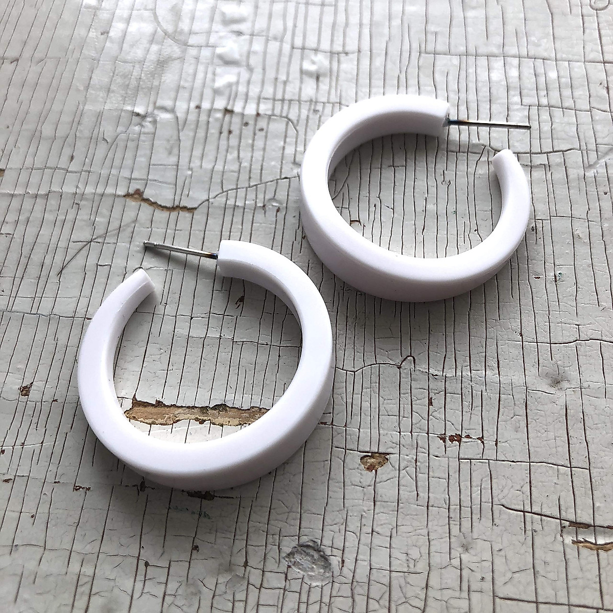 White Acrylic Tapered Lucite White Hoop Earrings 1.25 Inches
