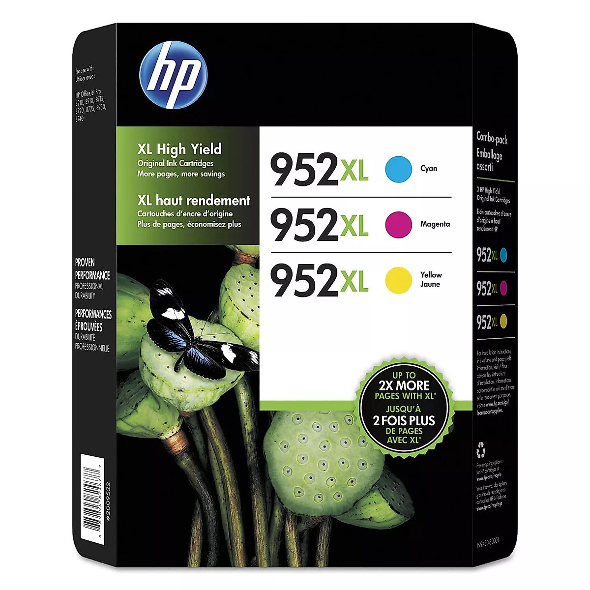 HP 952XL High-Yield Cyan, Magenta, Yellow Original Ink Cartridges, 3-Pack Color (N9K30BN)