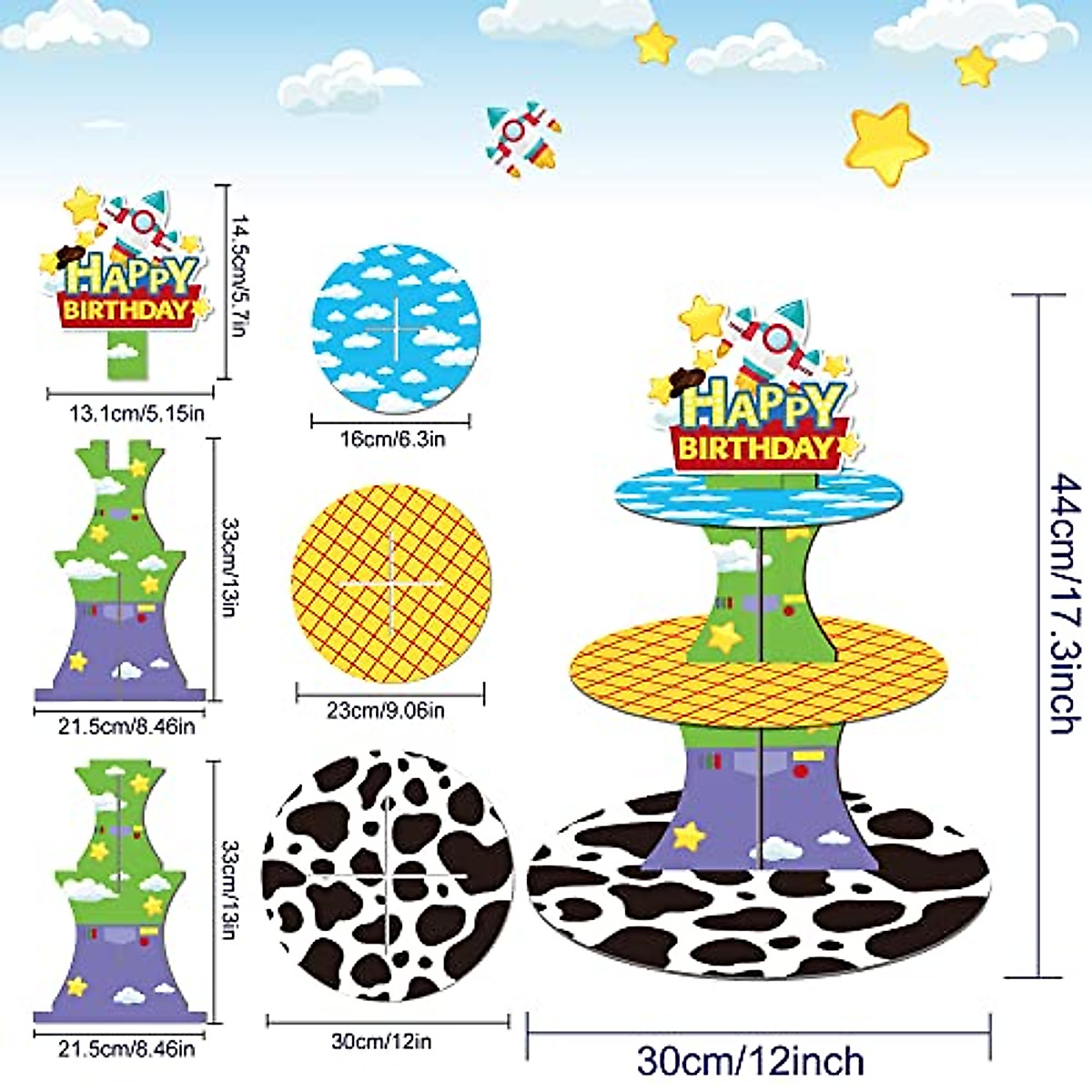 RTHPY 3-Tier Cartoon Story Cupcake Stand Cardboard Cake Stand Dessert Tower Holder for Toy Theme Birthday