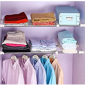 BAOYOUNI Expandable Closet Tension Shelf Rod Organizer Adjustable Storage Rack Heavy Duty Clothes Hanger Metal Space Saving Divider for Bathroom Kitchen Cupboard Wardrobe Bookshelf 32''-46'', Ivory