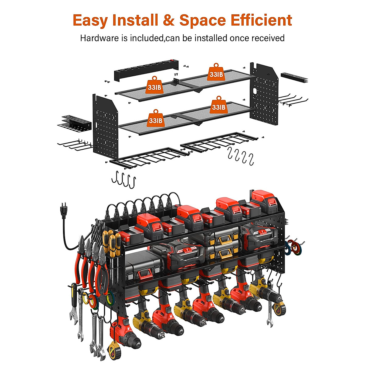 JUNNUJ Large Pegboard Power Tool Organizer with Charging Station, 8 Drills Driver and Tools Battery Holder Wall Mount with 8 Outlet Power Strip, Black 3-Layer Shop Garage Storage Utility Rack