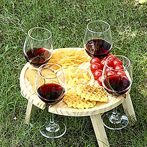 YWMSGM Outdoor Folding Picnic Table, Wooden Portable Cheese Tray or Fruit Snack Compartment Tray with 4 Wine Glass Holders, No Assembly Required, Suitable for Potluck Camping, Beach Concert