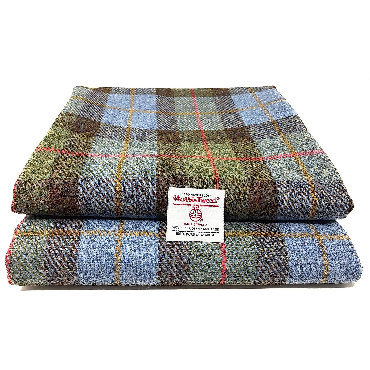 Traditional Harris Tweed MacLeod Tartan Pure Wool Woven Fabric with Authenticity Labels (Blue and Green, 100 x 75cm)