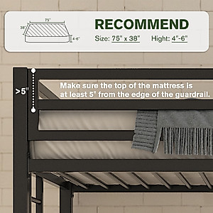 MUTICOR Loft Bed Frame for Juniors&Adults, Metal Loft Bed Twin Size with Safety Guardrail&Removable Ladder, Space-Saving, Noise Free, Matte Black