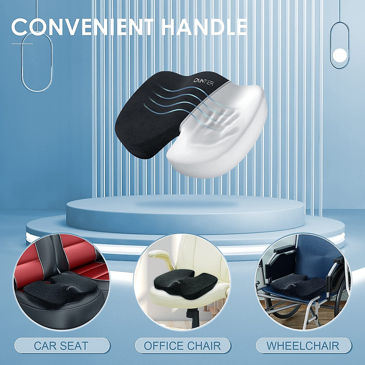 DAINTIER Seat Cushion Black Comfort Soft Supportive Cushion - Ergonomic Butt Cushion, Wheel Chair Memory Foam Desk Pad for Long Sitting, Back Coccyx Tailbone Pain Relief …