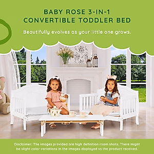 SweetPea Baby Rose 3-in-1 Convertible Toddler Bed in White, Greenguard Gold Certified, JPMA Certified, Safety Rails, Made of Sustainable New Zealand Pinewood