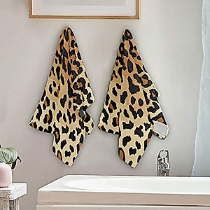 Oreayn Leopard Skin Hand Towel for Bathroom Kitchen Beach Polyester Cotton Set of 2 Leopard Animal Print Fingertip Towel Soft Absorbent 28.3 x 14.4 Inch