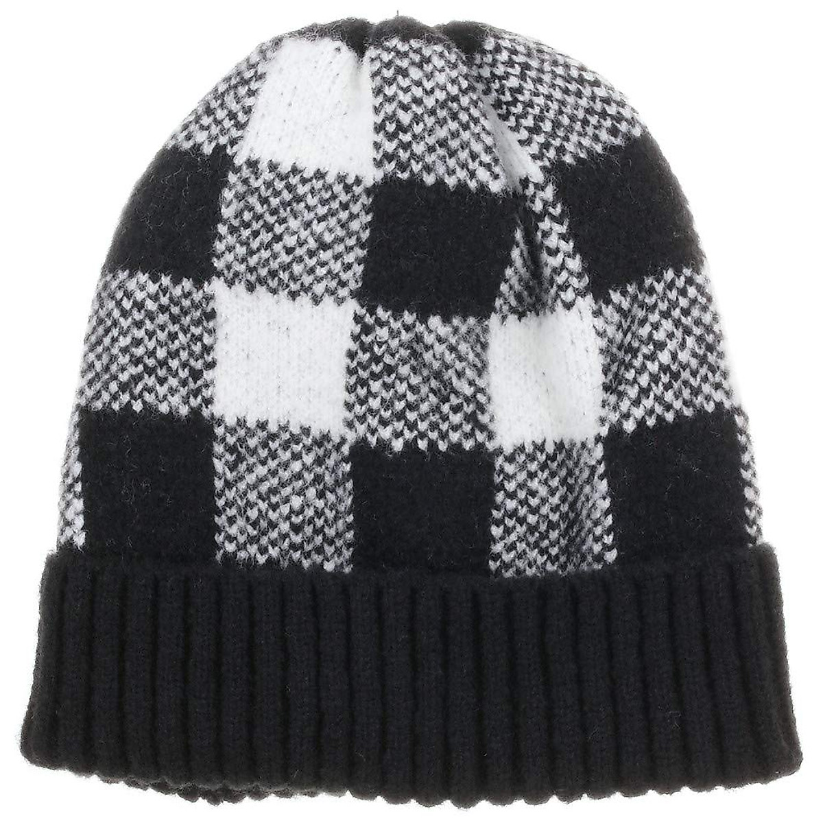 CRUOXIBB Women Knit Slouchy Beanie Hat with Faux Fur Pompom Buffalo Plaid Cuff Winter Soft Warm Ski Cap