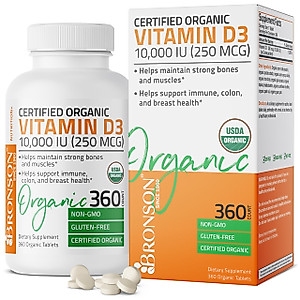 Bronson Vitamin D3 10,000 IU (250 mcg) Immune Support, Healthy Muscle Function & Bone Health, High Potency Organic Non-GMO Vitamin D Supplement, 360 Tablets