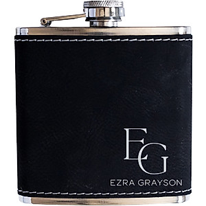 Personalized Flask For Wedding Gift. Customized Flask Gift Set. Engraved Leatherette Flask With Optional Gift Box For Groomsmen Gifts. Engraved Flask (Black & Silver)