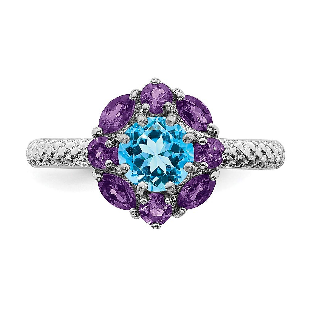 Solid 925 Sterling Silver Stackable Amethyst Purple February Gemstone and Blue Topaz Ring Eternity Band Size 10