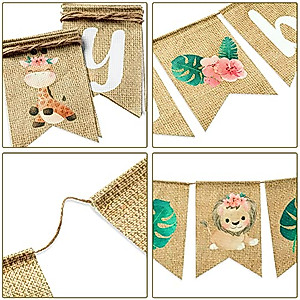 2Pcs Floral Safari Animals Baby Shower Burlap Banner Decoration, Wall Hanging Floral Wild Animals Banner Decor Lion, Giraffe, Elephant, Hippo Animal Pattern With Rope Hanging Banner Sign Decor Theme Party Indoor Decorations