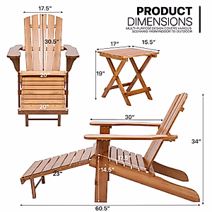 MoNiBloom Teak Adirondack Chair Set with Table & Retractable Ottoman, Outdoor Fir Wood Adirondack Chairs with Ottoman Weather Resistant, Fire Pit Chair for Deck, Garden & Backyard, 250 Lbs Capacity