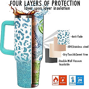 Rcvlauf 40oz Tumbler with Handle and Straw Leopard Tumbler Leak Proof Insulated Cup 40oz Mint Green Leopard Coffee Travel Mug Leopard Decor Stuff Gifts for Women