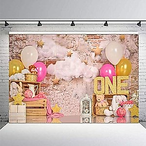 MEHOFOND 7x5ft Pink Gold Balloon Girl First Birthday Party Backdrops Sweet One Retro Brick Wall Cloud Gold Stars Photography Background Portrait Photo Studio Decoration Banner Props for Cake Smash