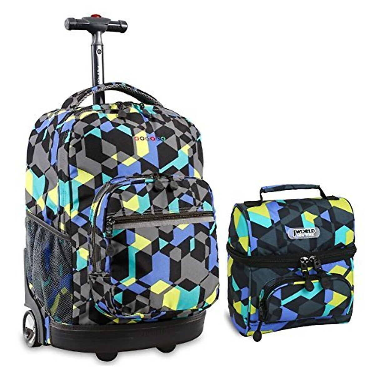 J World Combo Rolling Backpack & Lunch Bag Back to School Bundle Set Sunrise / Corey, Cubes