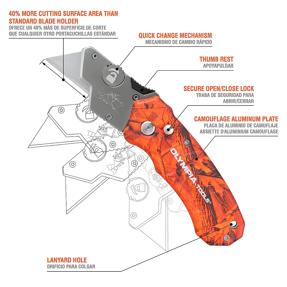 Olympia Tools Design Folding Utility Knife, Orange Camo