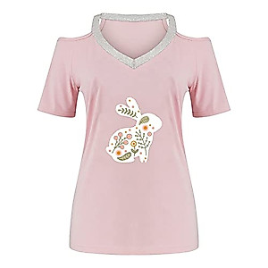 Women Cold Shoulder V-Neck Short Sleeve Loose Fit Summer Shirt Cute Graphic Print Blouse Slim FIt Easter Tops Pink