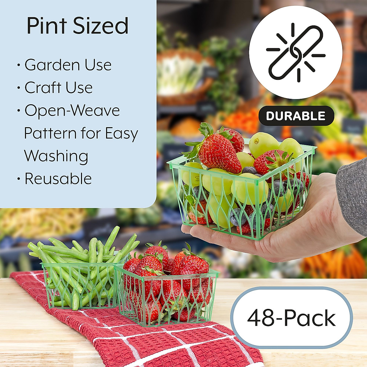 Cornucopia Pint Size Plastic Berry Baskets (48-Pack), 4-Inch Berry Boxes with Open-Weave Pattern, Ideal for Summer Picking & Crafts! (48 Boxes)