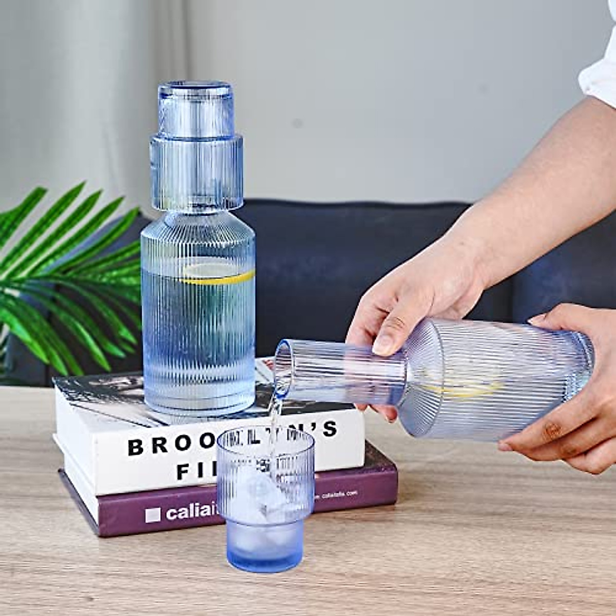 Bedside Water Carafe and Glass Set, Blue Night Water Pitcher with Glass Cup for Nightstand, Modern Mouthwash Dispenser with Tumbler Lid for Keeps Water Clean in Bedroom, Bathroom, or Kitchen