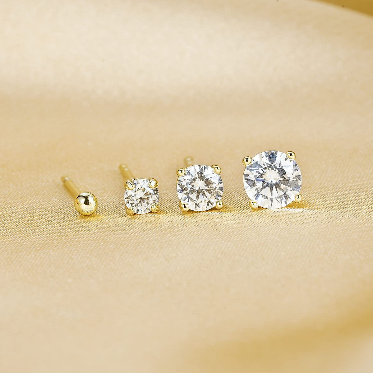 Dabestapp 14K Gold Plated CZ Stud Earrings Simulated Diamond Hypoallergenic Piercing Ear Studs Set 2mm /3mm/4mm/5mm for womens and girls（4Pairs ）