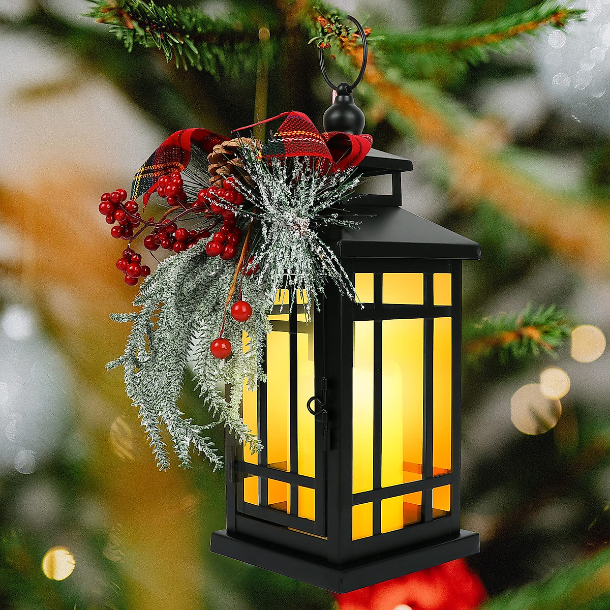 Christmas Candle Lantern14 Inch, Garden Flashing Candle Light, Decorative Hanging Lantern for Indoor Home Tables and Fireplaces Outdoor Patios, with Holiday Retro Decorative Ornaments