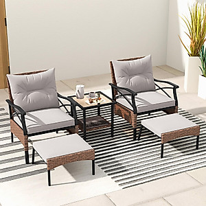 Tangkula 5 Pieces Wicker Patio Furniture Set, Outdoor Rattan Chairs with Ottomans, Cushions and 2-Tier Tempered Glass Side Table, Patio Conversation Bistro Set for Garden, Porch, Balcony