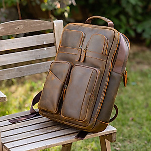 compalo Full Grain Leather Backpack for Men, 17.3 Inch Travel Laptop Backpack Multi Pockets DayPack Rucksack With YKK Zippers