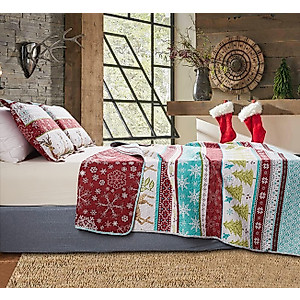 Jessy Home Christmas Bedding Set Queen Size Christmas Quilt Bedspread Xmas Reversible Christmas Coverlet Rustic Lodge Deer Snowflake Cabin Home Holiday Decor Christmas