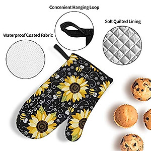Sunflower Bees Oven Mitts and Pot Holders Sets of 4,Resistant Hot Pads with Polyester Non-Slip BBQ Gloves for Kitchen,Cooking,Baking,Grilling