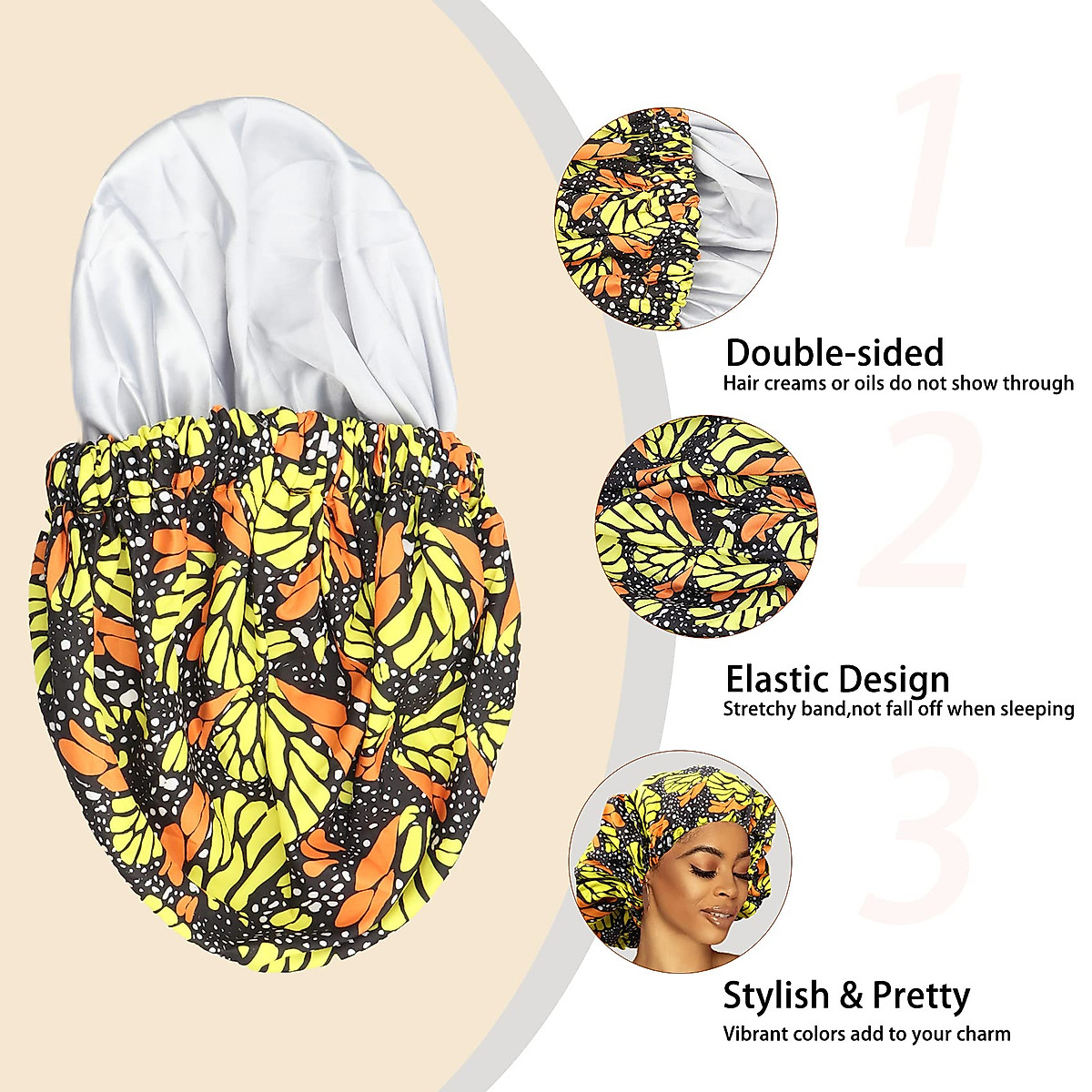 6 Packs Double Layer Satin Bonnet for Women Silk African Print Sleep Cap Head Scarf Large Head Wrap Soft Night Sleeping Hat Adjustable for Long Curly Natural Hair Braids