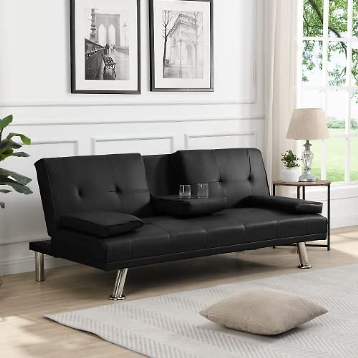 Anwickmak Futon Sofa Bed, Modern Convertible Armrests Sleeper Couch with 2 Cup Holders,loveseat,for Studio,Apartment,Office,Living Room,66.1”x 31.7”x 28.3” (Black)