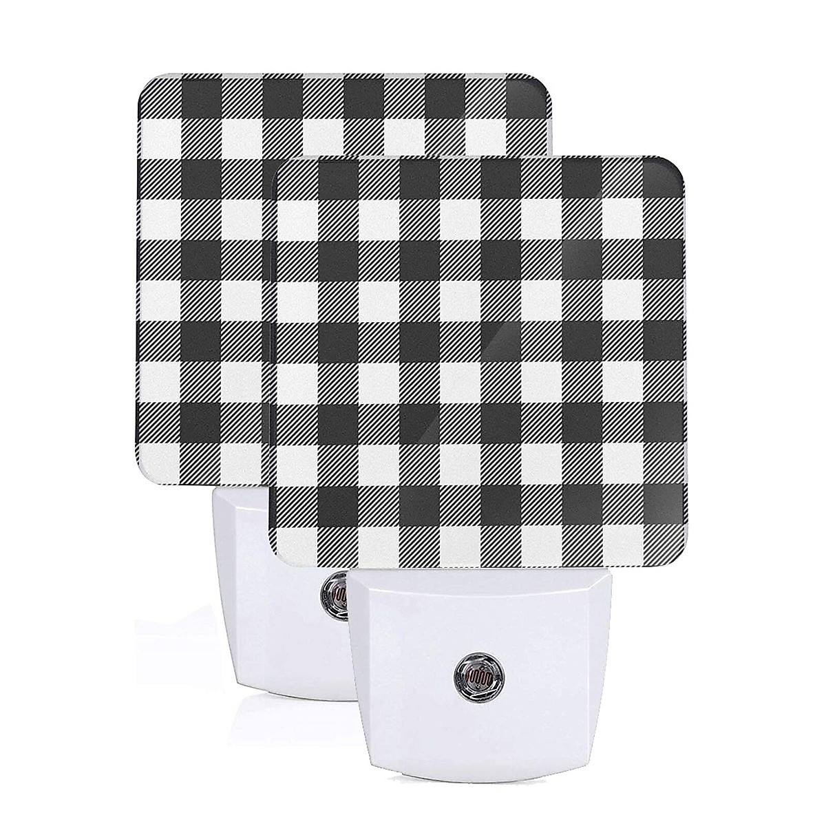 Night Light 2 Pack White and Black Buffalo Check Plaid Classic Led Lamp Plug in Wall Auto Dusk to Dawn Sensor Nightlight Decorative Bedroom, Toilet, Kids Room, Nursery, Hallway, Stairway, Bathroom