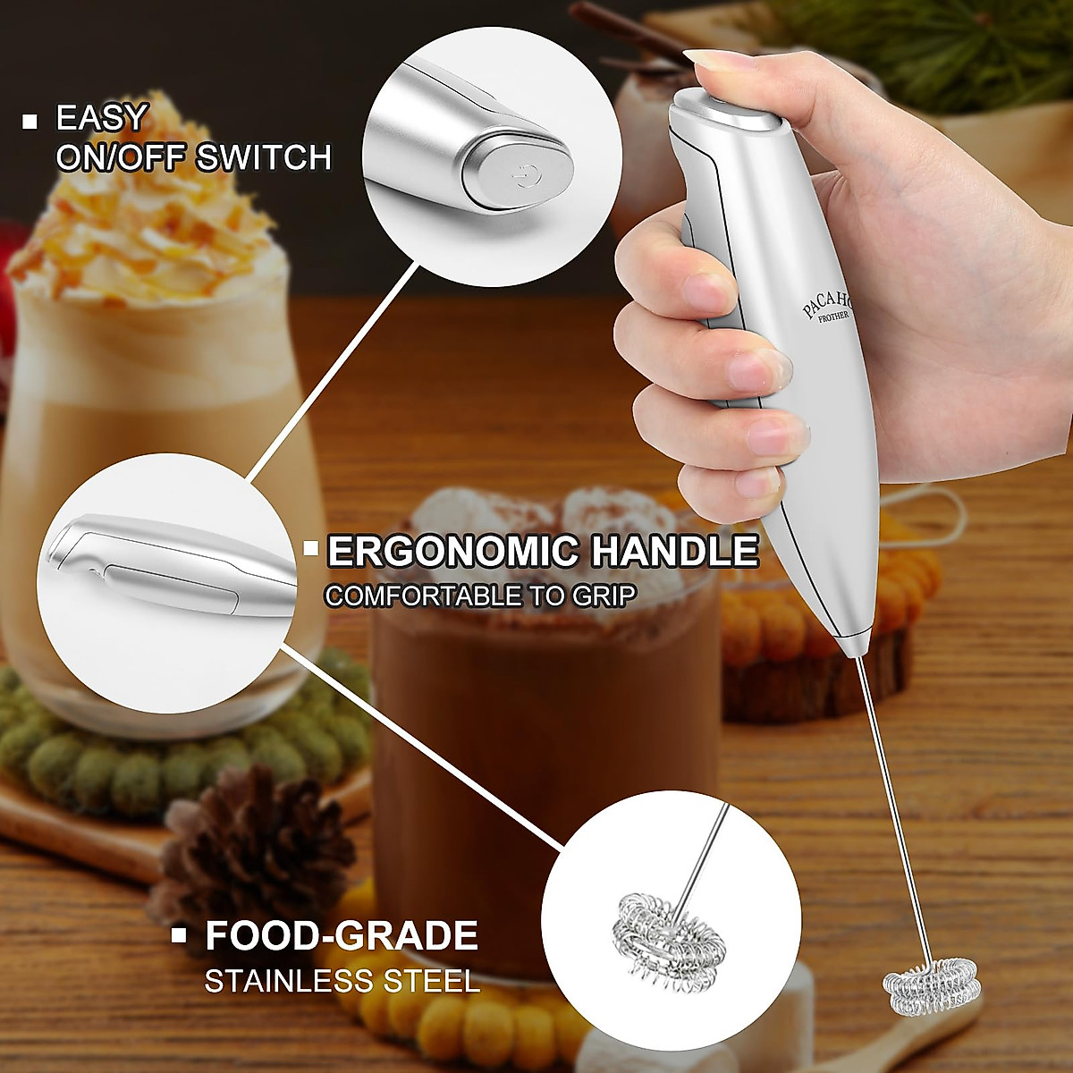 PACAHO Powerful Milk Frother with Stand with Double Whisk, Handheld Electric Foam Maker, Hand Mixer Wand, Portable Mini Blender Foamer Stirrer for Coffee Creamer, Latte, Matcha,Hot Chocolate, Silver