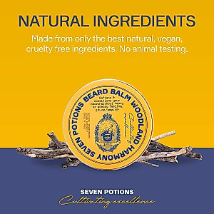 Seven Potions Beard Balm 2 oz. 100% Natural Softener with Jojoba Oil - Nourishes, Softens, Stops Itch, and Leaves Healthy Shiny Beard (Woodland Harmony)