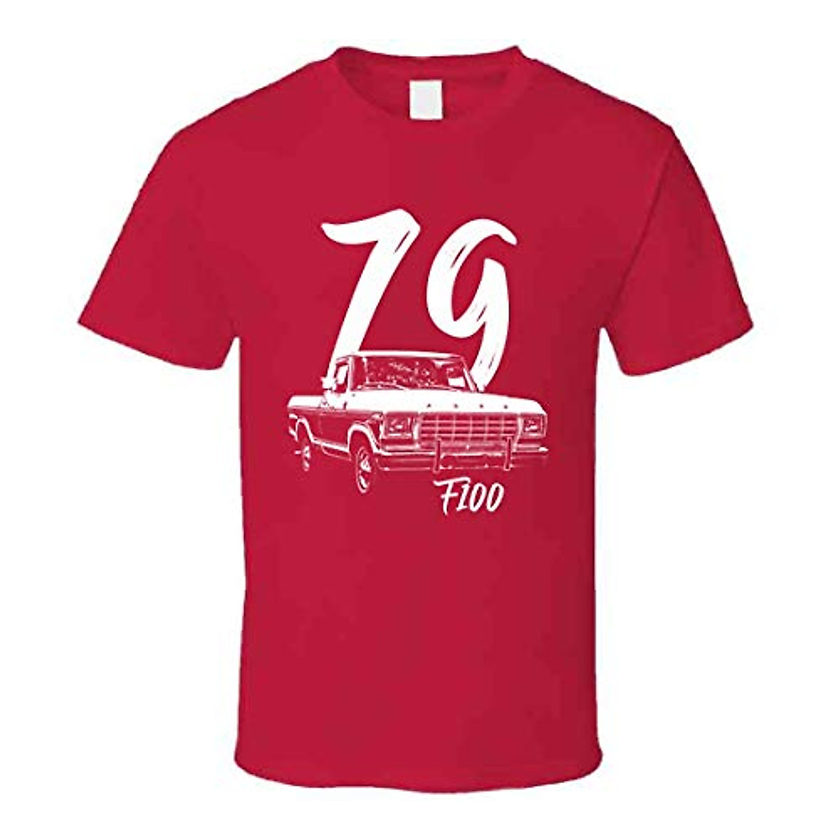 1979 F100 Pickup Truck Three Quarter Angle View with Year and Model Name Dark Color T Shirt XL Red