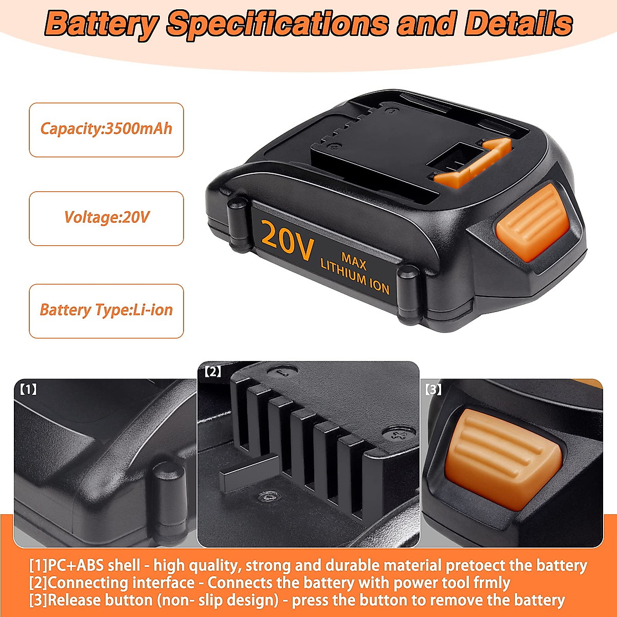 DTK 20V 3.5Ah Battery Replacement for Worx 20V Battery WA3525 WA3578 WA3575 WA3520 20 Volt WA3520 WG151s WG155s WG251s WG255s WG540s WG545s WG890 WG891 Cordless Tool Battery (2 Packs)
