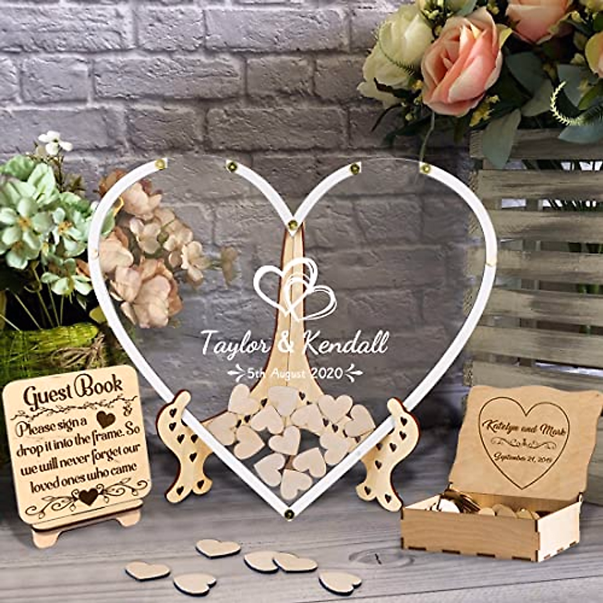 Personalized Wedding Guest Book Alternative Custom Rustic Wedding Book for Guests to Sign Guest Book Frame with Hearts for Reception Wedding Decorations, Graduation, Baby Shower (A-Heart Guestbook-2)