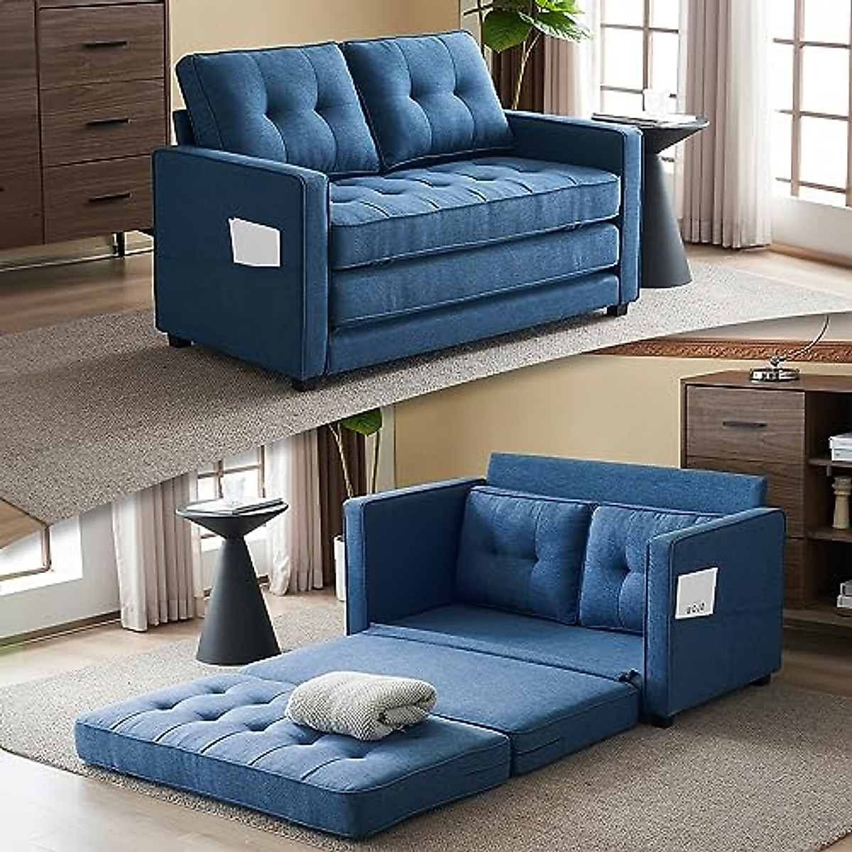 VINGLI Upgraded Loveseat Sleeper, 53.5" W 80" L Convertible Sofa Bed Couch Futon Couches for Living Room, Folding Couch Bed for Small Spaces, Foldable Floor Gaming Sofa Bed for Basement, Navy Blue