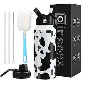 OINSOES 32oz Cow Print Insulated Sports Water Bottle - Leakproof and BPA Free Stainless Steel Thermos with Straw & Spout Lids for Hot & Cold Drinks - Double Walled Vacuum Cup Jug - Perfect Gifts