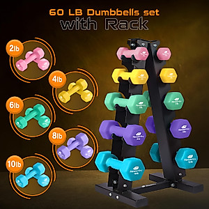 Fitness Alley Neoprene Dumbbell 5 Tier Rack & 5 Pairs Set (2,4,6,8,10 Lbs) Coated for Non Slip Grip - Hex Dumbbells Weight Set - Neoprene Hand Weight Pairs - Hex Hand Weights Neoprene Dumbbells Combo