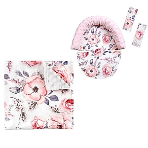 Baby Blanket for Girls, Car Seat Cover & Strap Cover, Newborn Nursery Bed Blanket, Minky Head Support, Watercolor Pink Floral