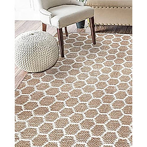Durrie India Hand Woven Jute Braided Rug 6' x 4' Natural Hexagon Pattern Farmhouse Accent Rugs for Living Room, Kitchen, Bedroom Area Rug Blue and Beige(72x48 Inches)